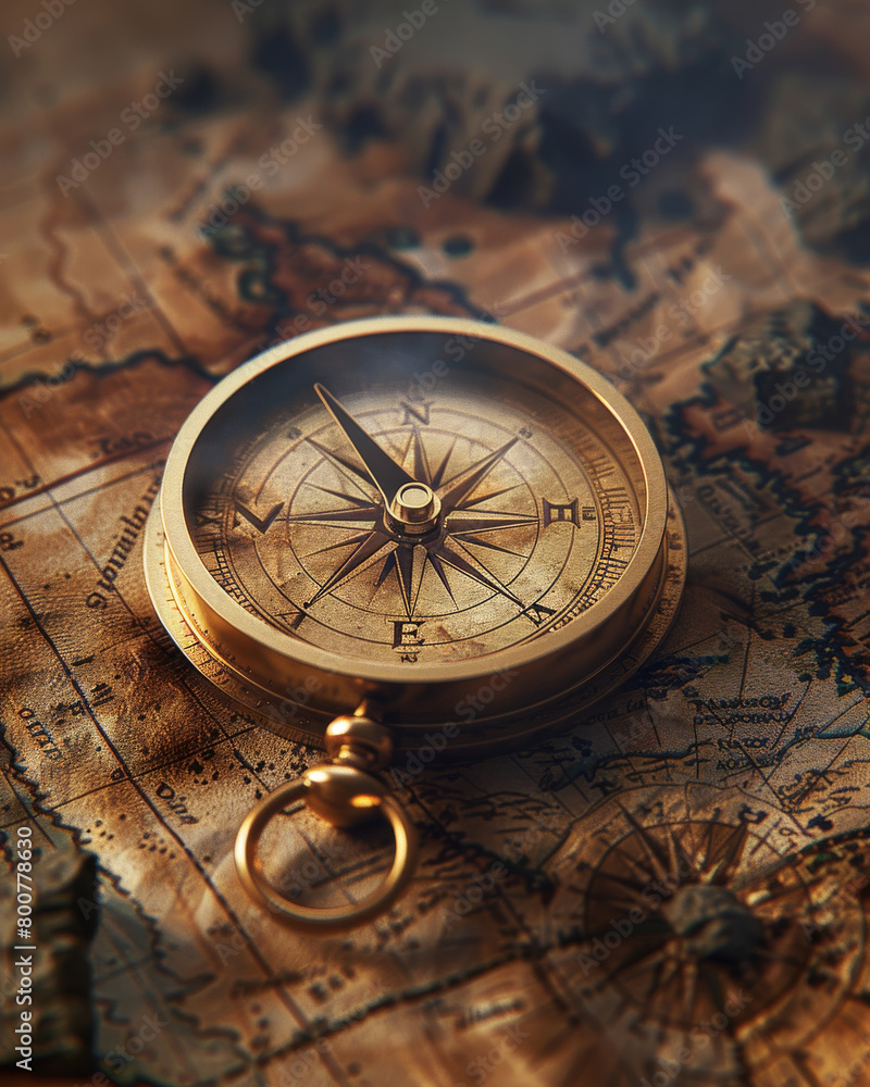 Vintage brass compass on an ancient world map, evoking the spirit of ...