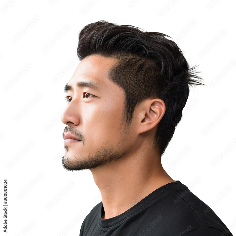 Happy smiling Asian man profile portrait, side view, isolated on white ...