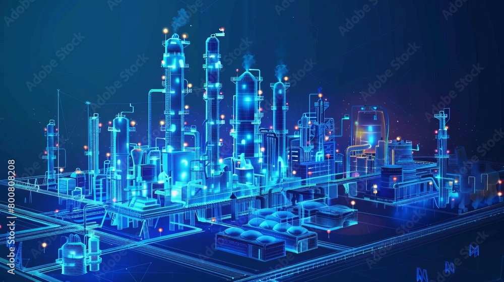 This low poly illustration visualizes a petroleum oil refinery complex ...