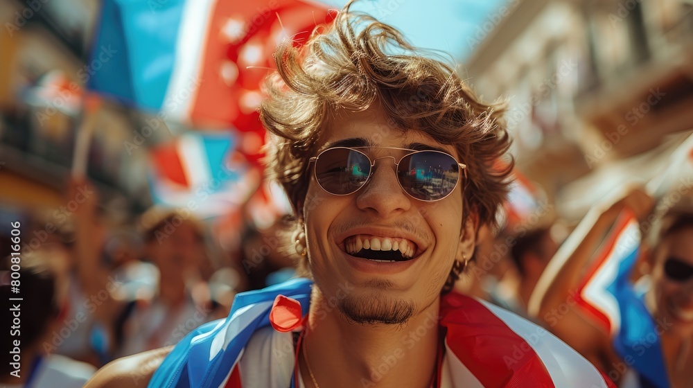 Olympic spectators fans on summer games. Cheering with flags at sunny ...