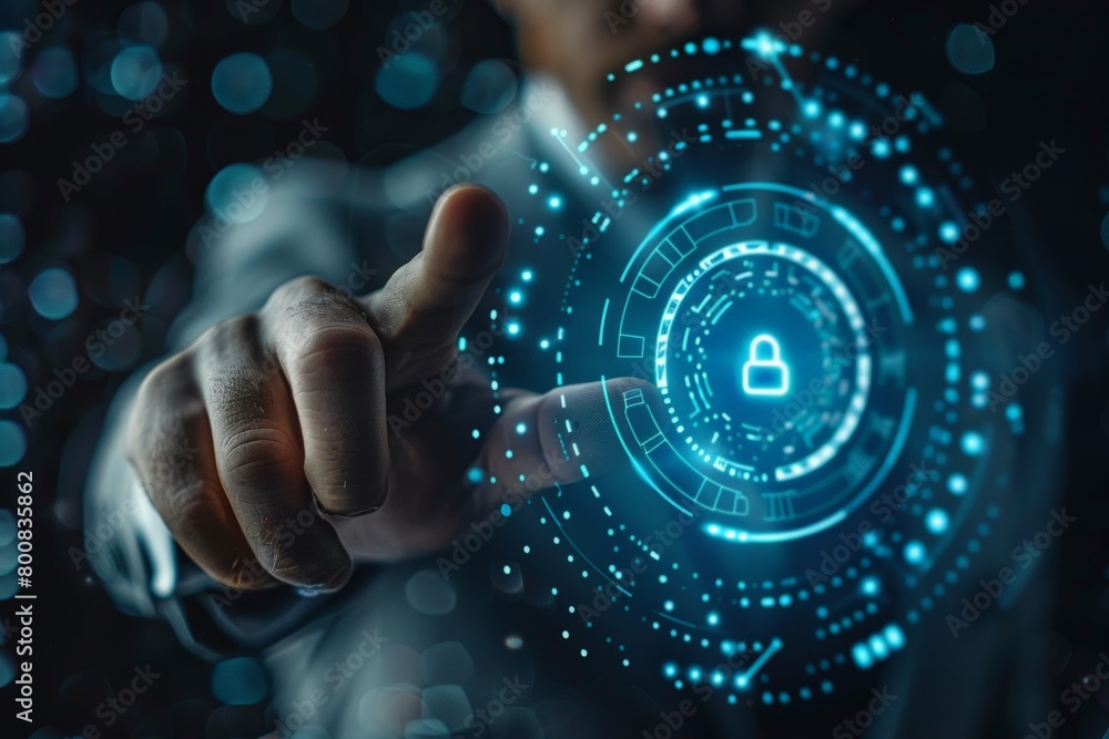 A businessman extends his palm towards a virtual screen, finger presses ...