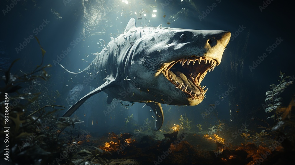 Amidst flashing lights a cybernetic shark and a bionic crocodile engage ...