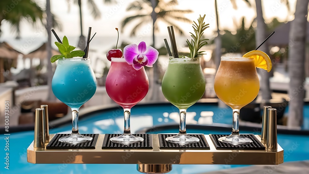 Four colorful tasty alcoholic cocktails in a row at the bar stand ...