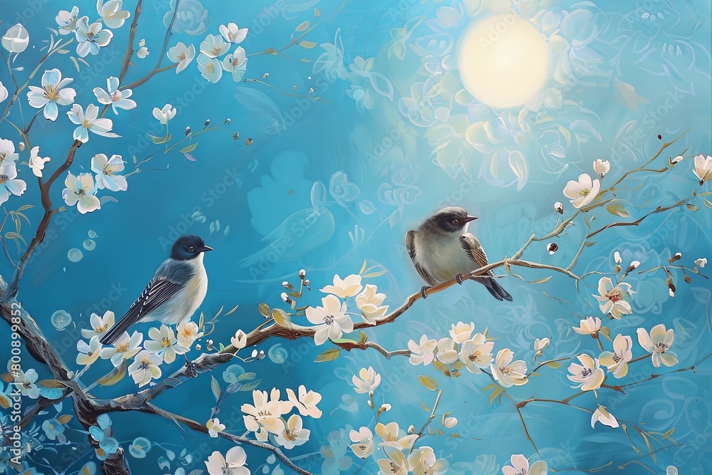 Vertical Oil Painting: Two Birds on Tree with White Flowers, Blue ...