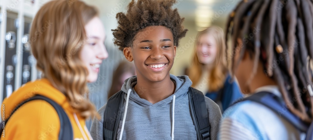 Dynamic back to school poster students in hallway with decorated ...