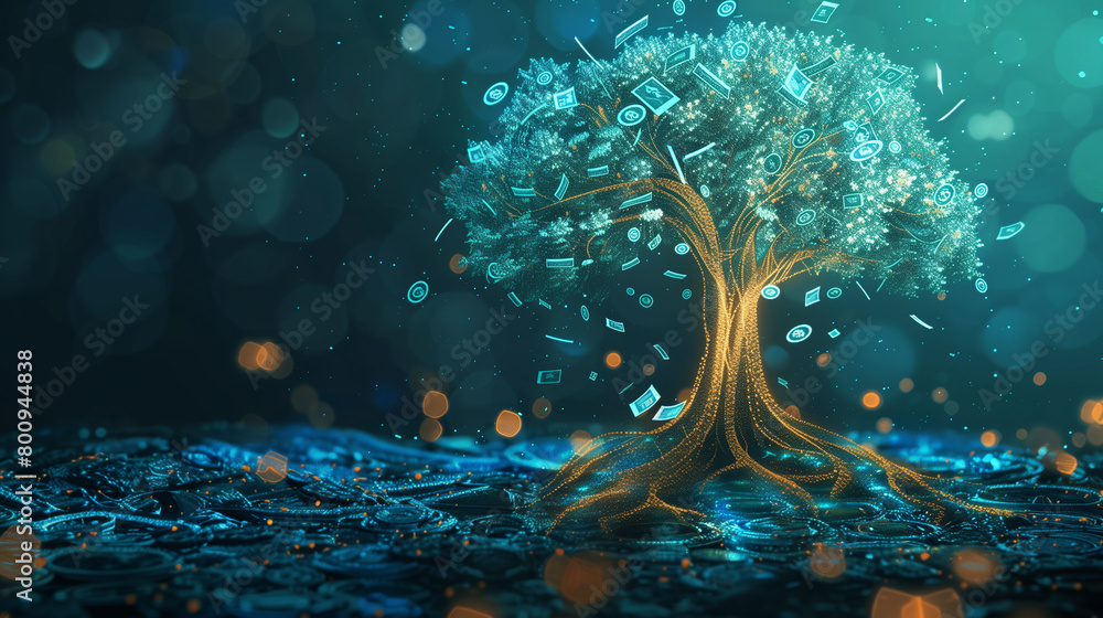 A digital tree with roots formed by currency symbols and branches ...