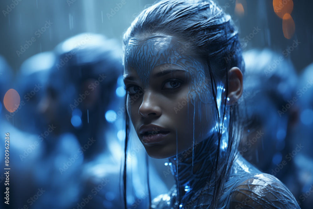 Beautiful alien young humanoid woman with blue skin with a face pattern ...