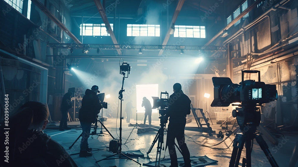 Behind the scenes of a film set. Crew working diligently. A glimpse ...