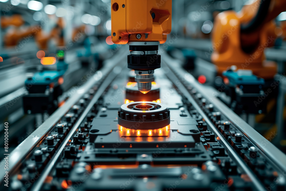 Foto de Stock Capacity Battery on Conveyor. Close-up of Lithium-ion ...