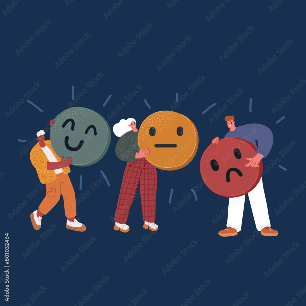 Cartoon vector illustration of people hold smile symbols. Emoji hand ...