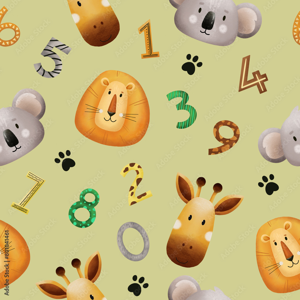 Seamless pattern with cute wild animals and numbers. Animals in the ...