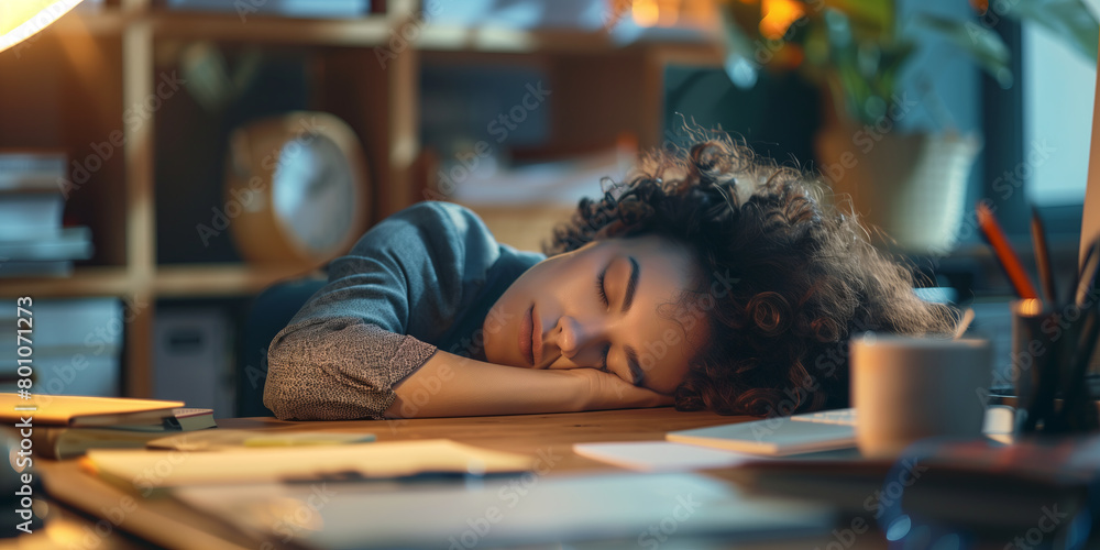 Exhausted young person napping at their work desk in office, Office ...