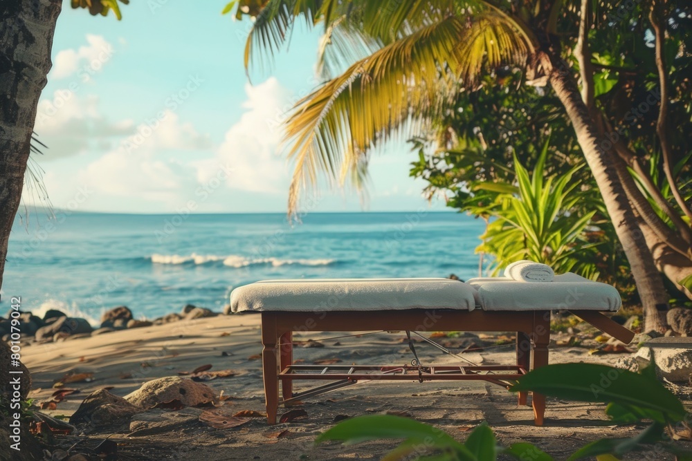 Spa massage room on the seashore with towels. Beauty care concept. Spa ...