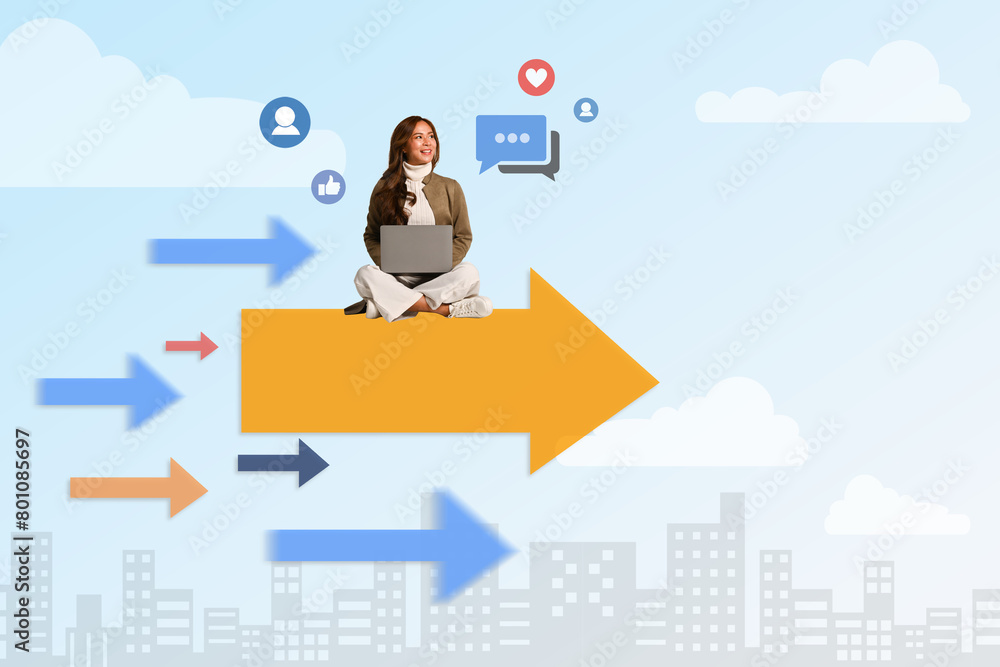 Cheerful young lady sitting on arrow fly on sky with social media icons ...