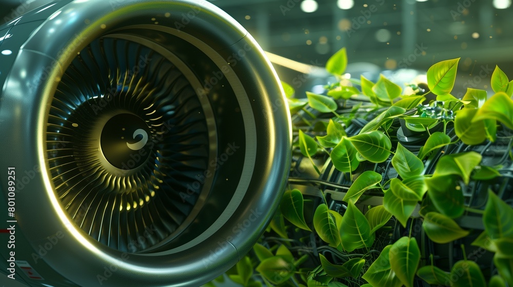 closeup of get engine with green leaves symbol, Sustainable aviation ...
