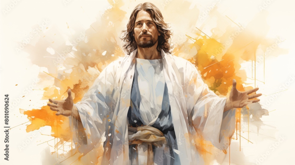 Jesus Christ sitting on a rock, thinking. Watercolor illustration of ...