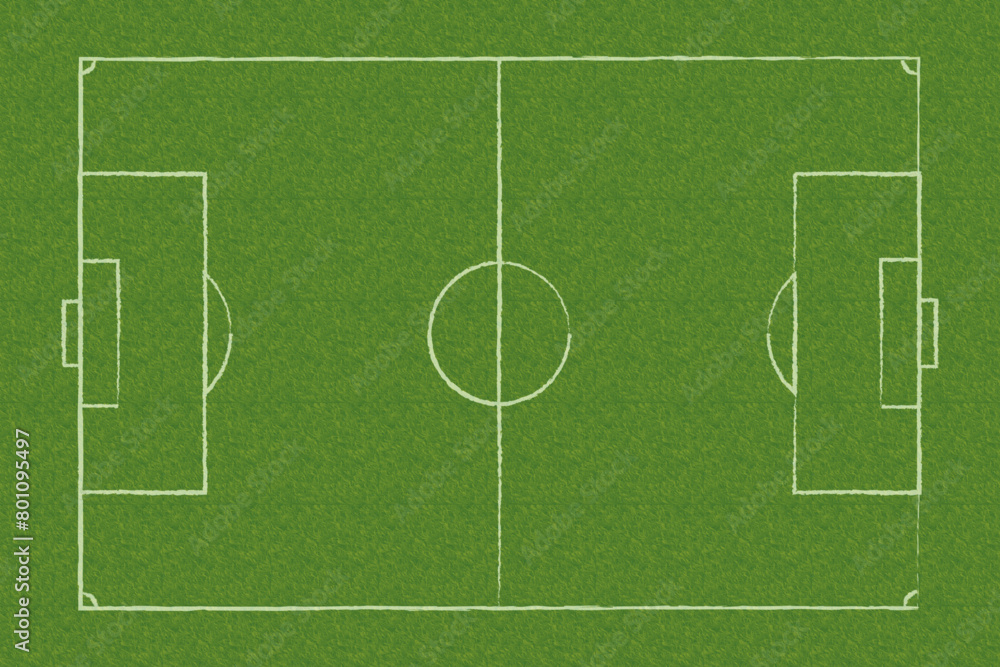 Soccer field plan with white line markings on green grass. Top view ...