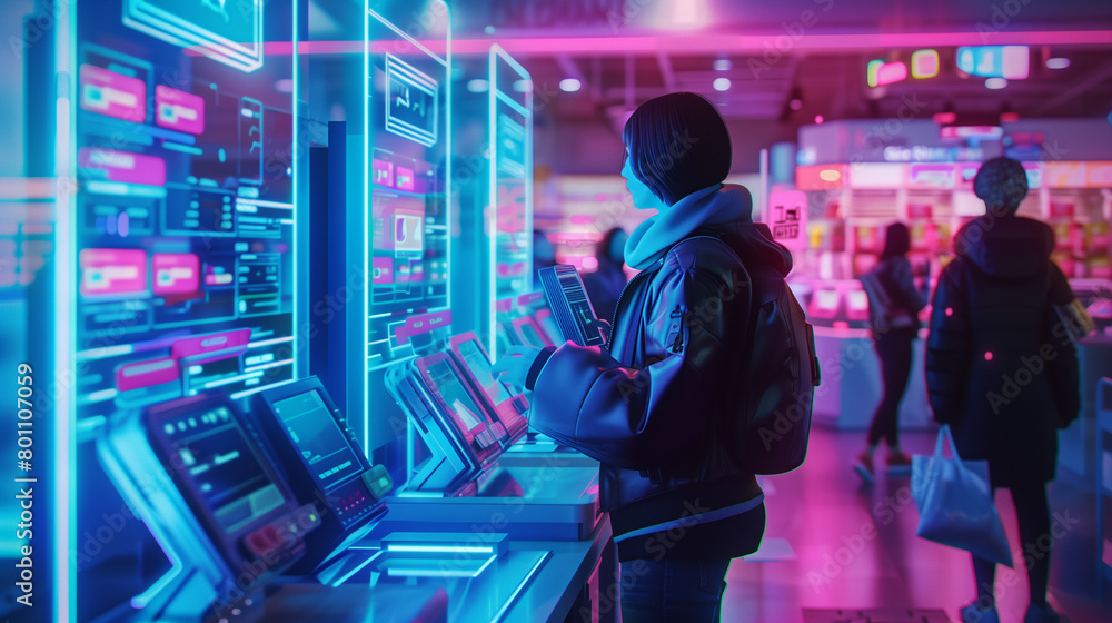 People use modern Self-Checkout Station with POS Machine interface ...