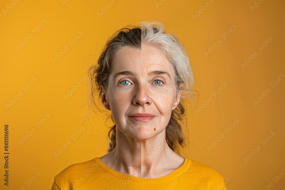 Static wrinkle portraits with gray hair halves depict aging stages ...