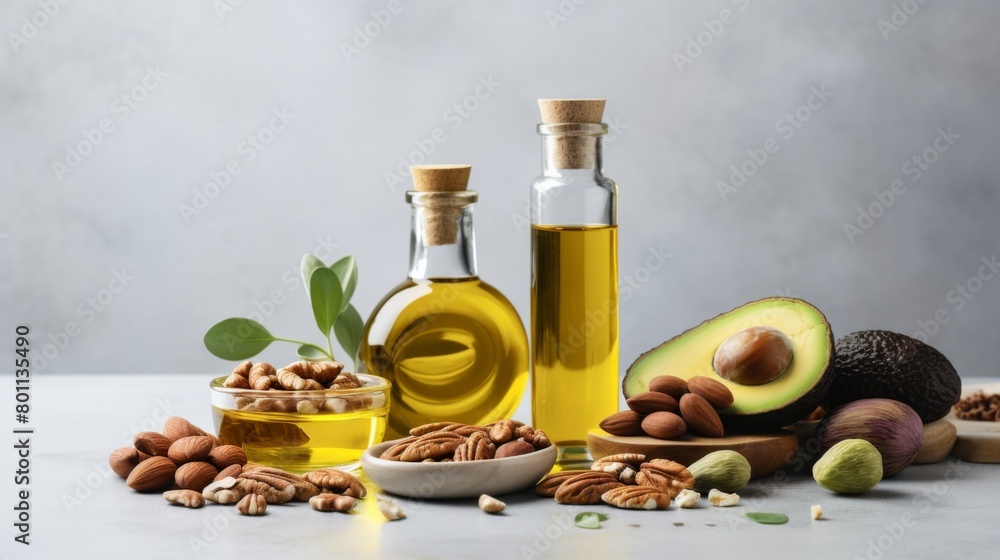 Assorted healthy fats food selection with avocado, nuts, seeds, and ...