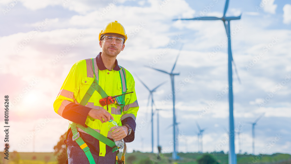 engineer male worker outdoors in hot summer season tired thirsty, man drinking water working ...