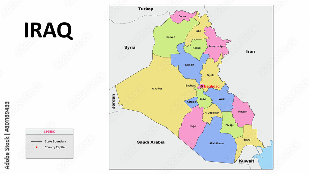 Iraq Map. State and district map of Iraq. Political map of Iraq with ...