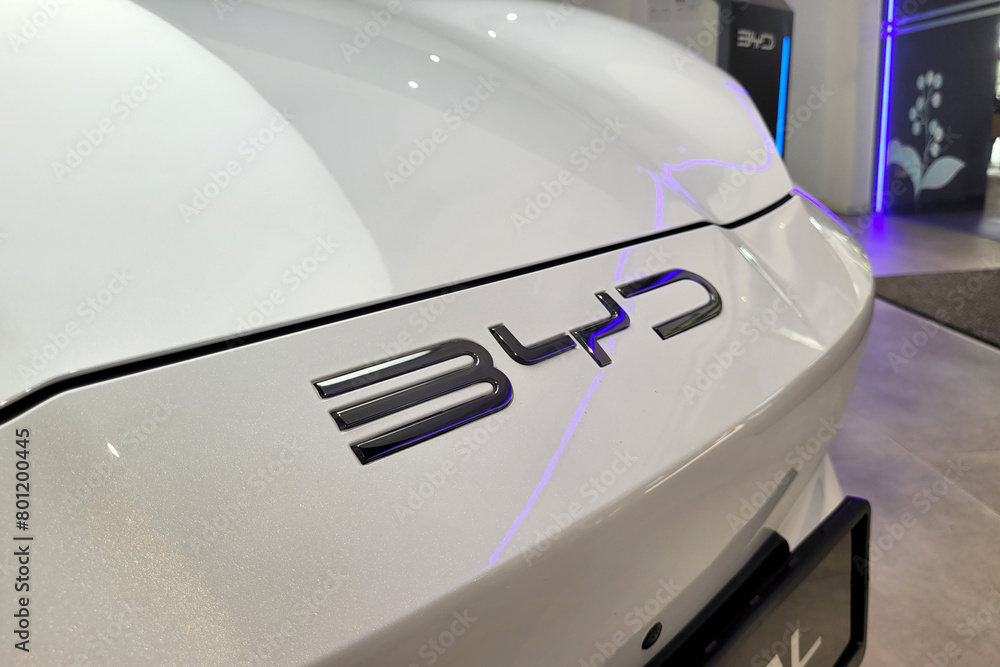 PENANG, MALAYSIA - 30 APR 2024: A close-up of the car logo on a BYD ...