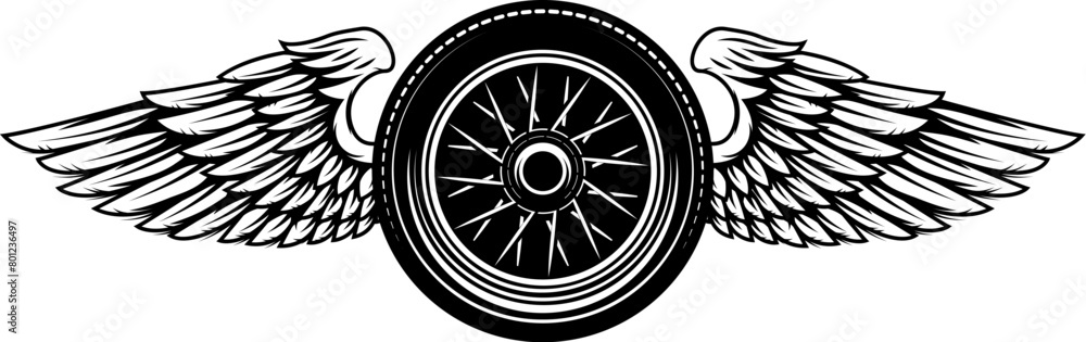 Black and white winged wheel illustration isolated on white background ...