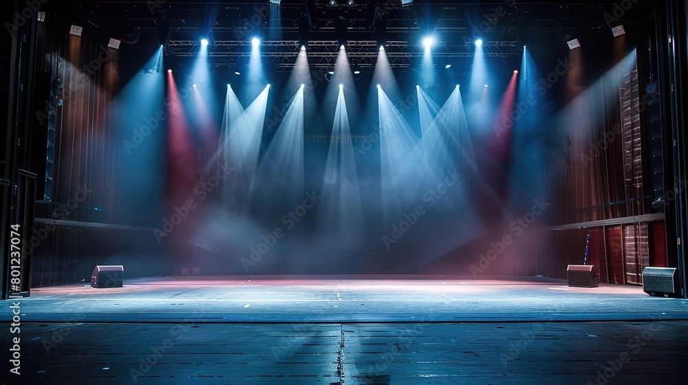 retro vintage interior theater stage with blue spotlights shine on ...