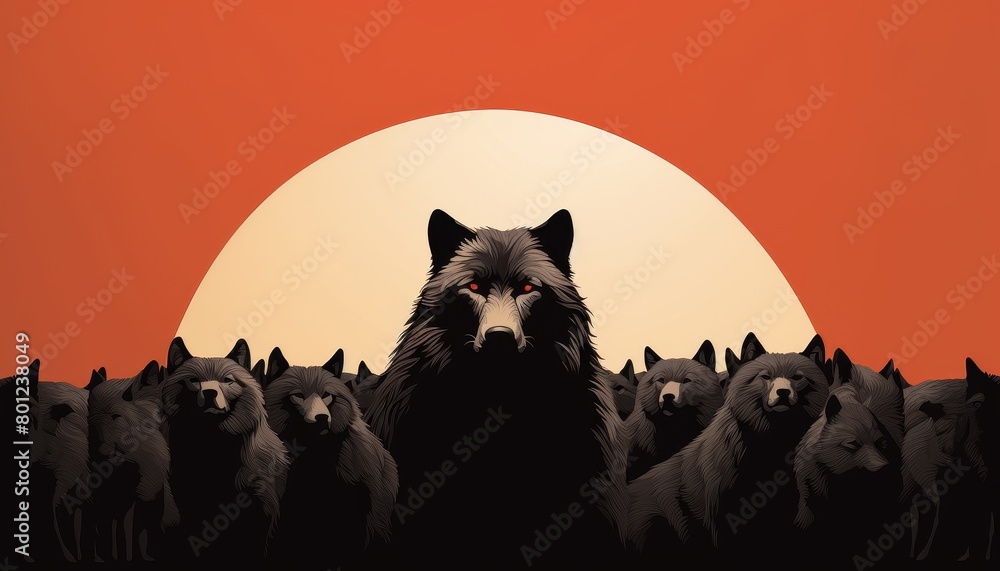 A pack of black wolves with the alpha in front, staring at the viewer ...