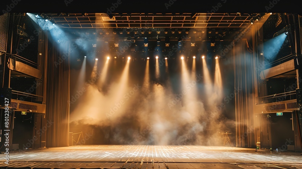 retro vintage interior theater stage with orange spotlights shine on ...