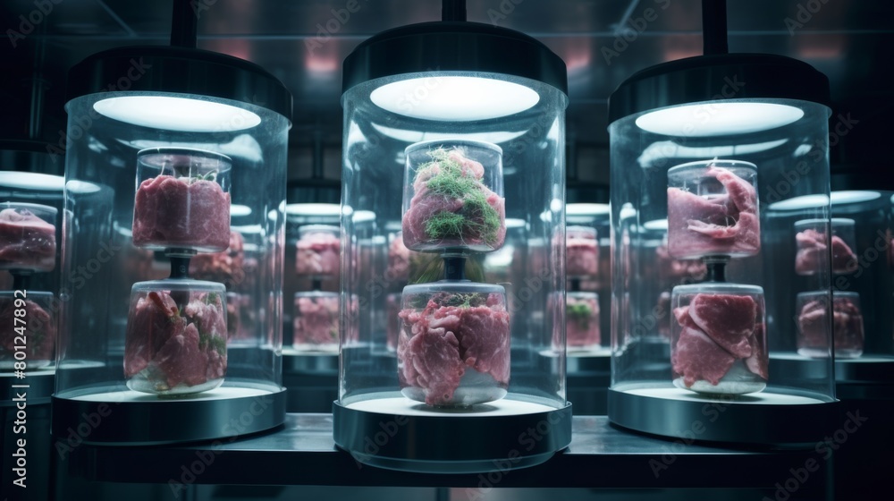 Laboratory grown artificial meat concept showcasing the future of food with cultured beef, a ...