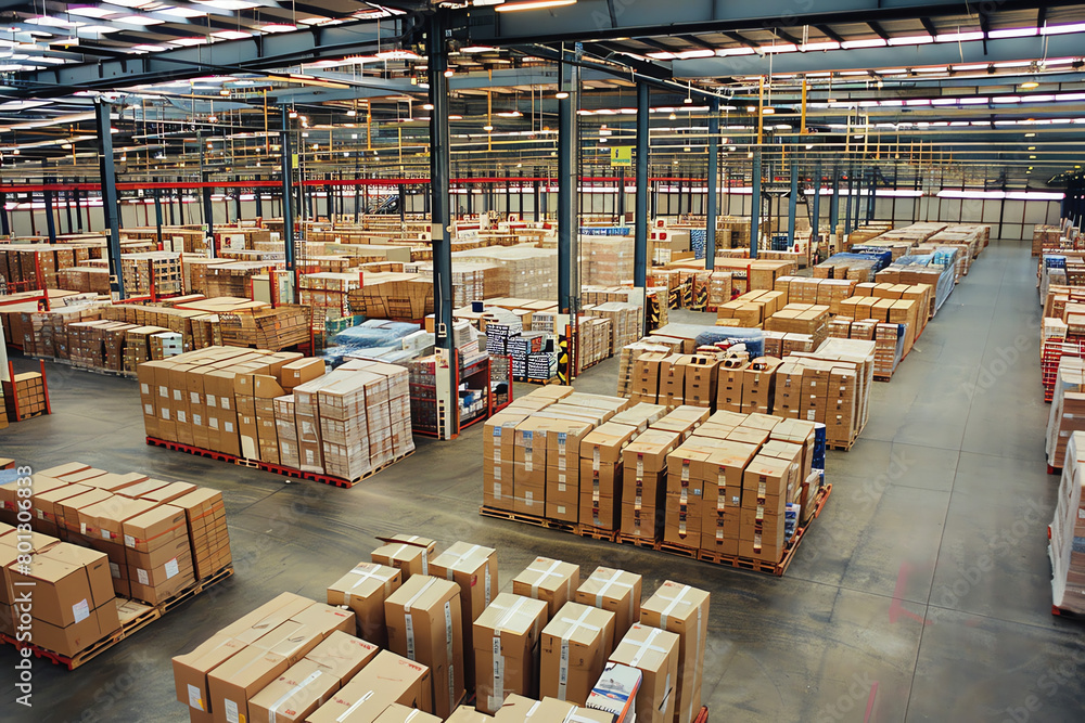 Inside a large warehouse filled with neatly organized boxes and pallets ...
