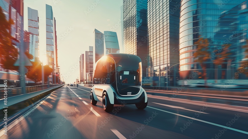 Image of a futuristic self-driving van navigating a modern cityscape with glass skyscrapers—a ...