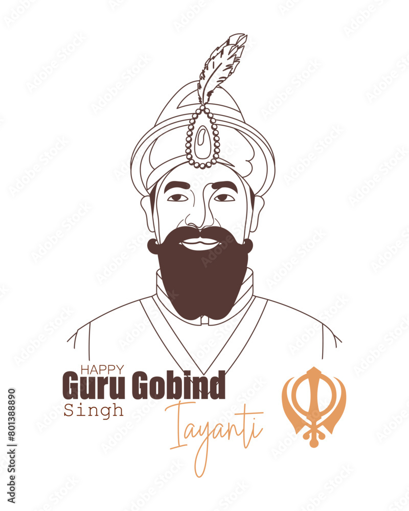 Guru Gobind Singh, last Sikh guru, hero of India. Line art, vector ...