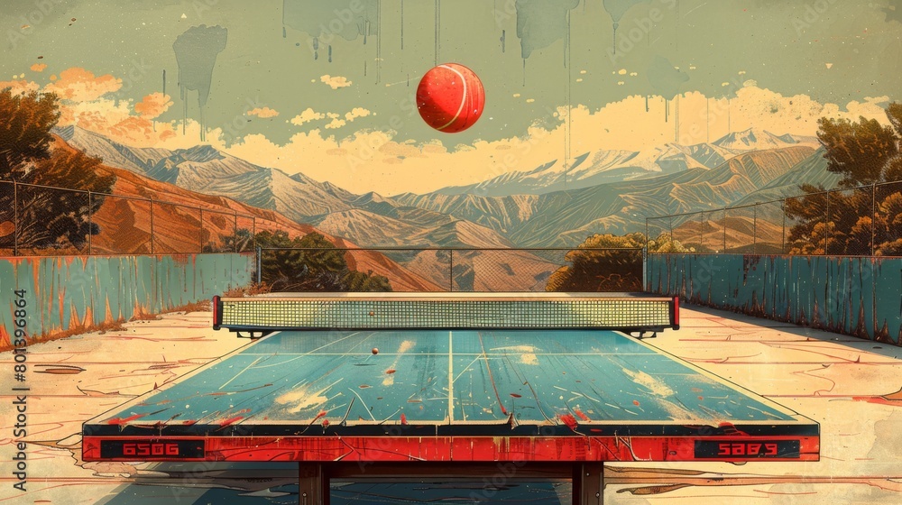 Vintage-style 2D illustration of a ping-pong championship poster, with ...