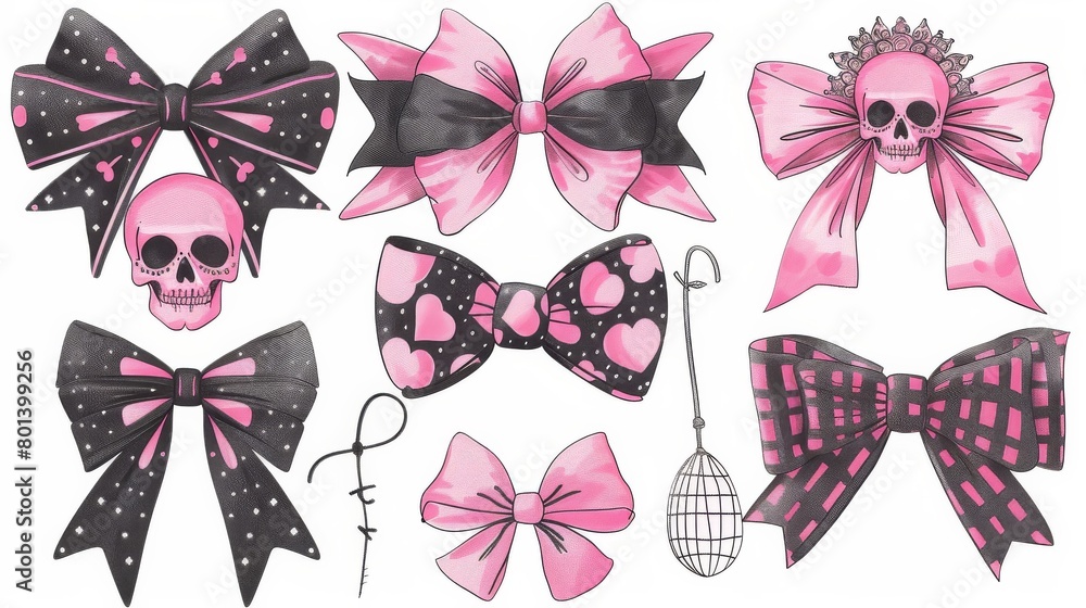 Emo pink bow with skull set. Y2k style. Goth subculture isolated on ...