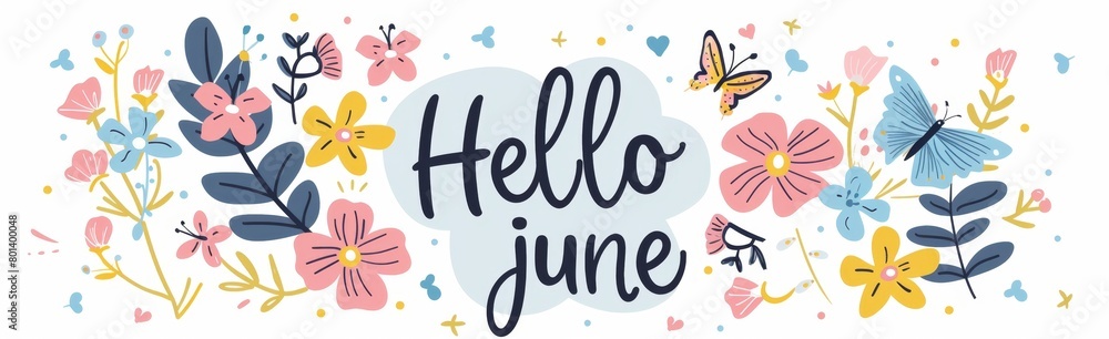 "Hello june" written in cursive, with cute cartoon flowers and ...