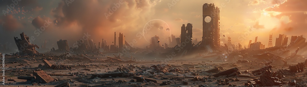 Illustrate a detailed side perspective of a post-apocalyptic wasteland ...