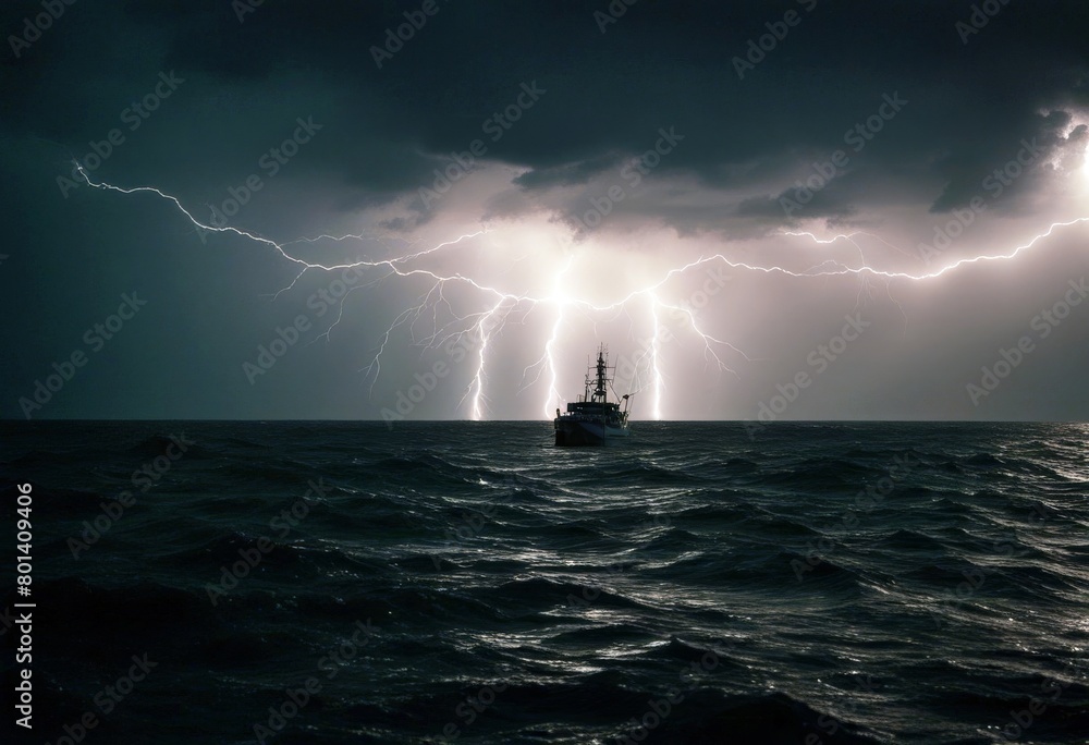 'storm heavy sea boat open fishing stance small lightning foreground ...