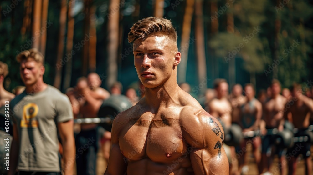 A muscular young man with short blond hair and tattoos on his arms is ...
