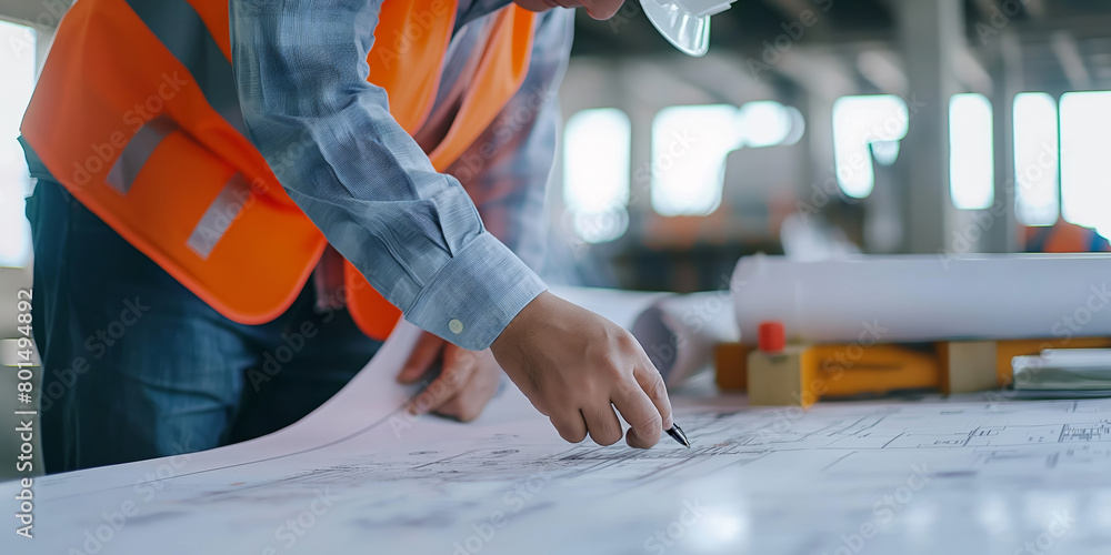 construction professional looking over blueprints with safety helmet ...