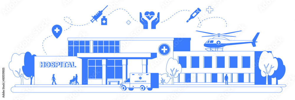 Vector graphic of hospital building isolated on white. Healthcare ...