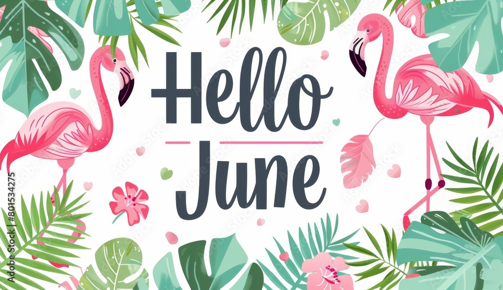 "Hello June" summer theme with tropical leaves and flamingos, pastel ...