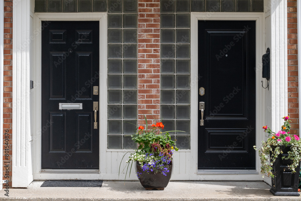 Two black metal doors with flower pots on the steps of duplex houses ...