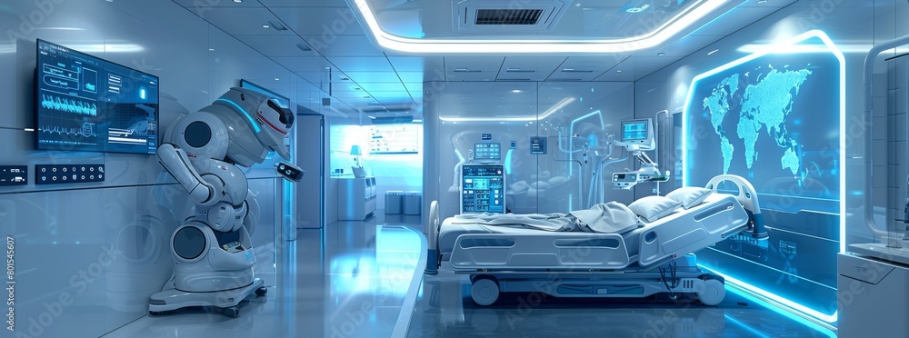 Advanced futuristic hospital room with robotic arms and high-tech ...