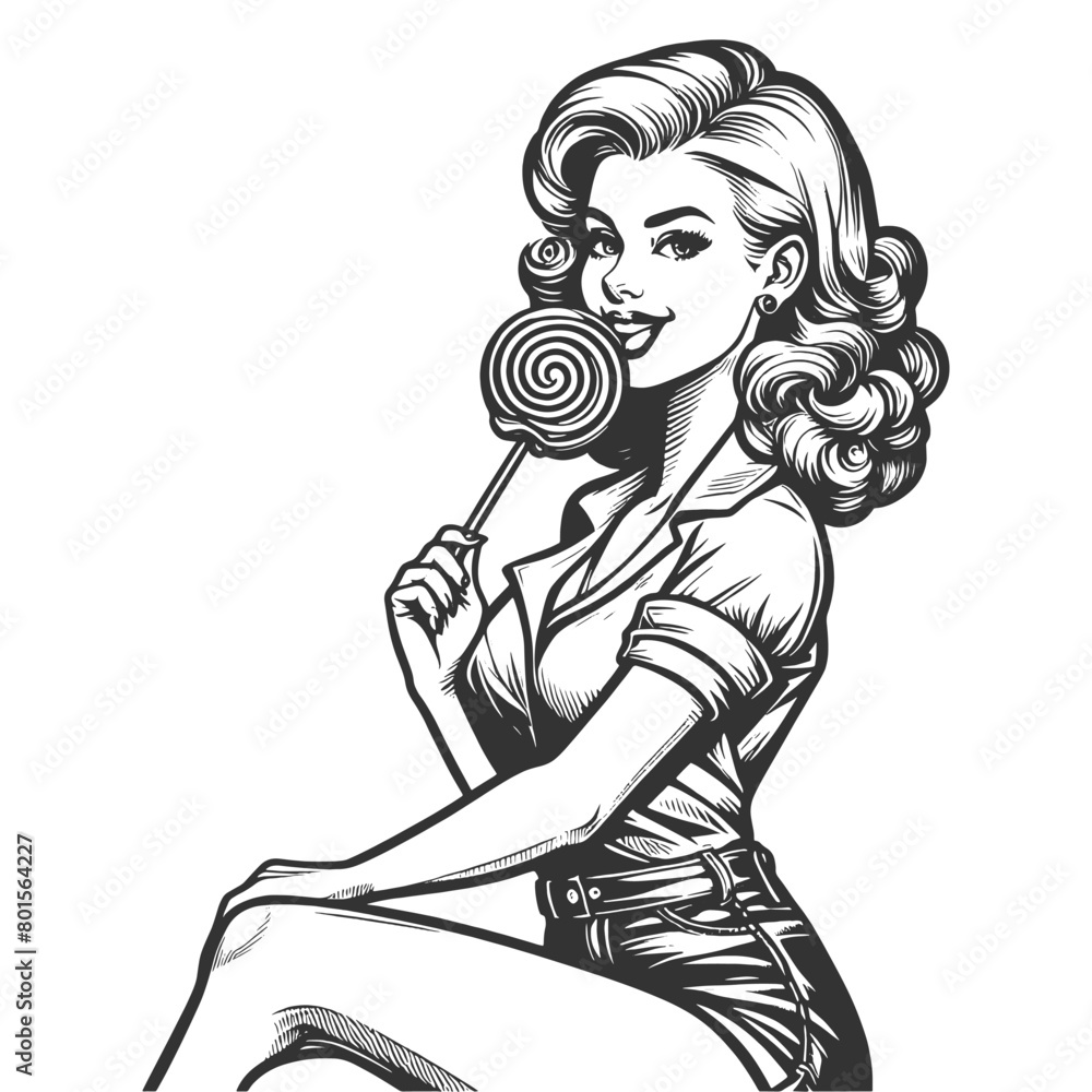 Pin-up girl woman eats swirl lollipop, evoking a sweet nostalgia sketch engraving generative ai ...
