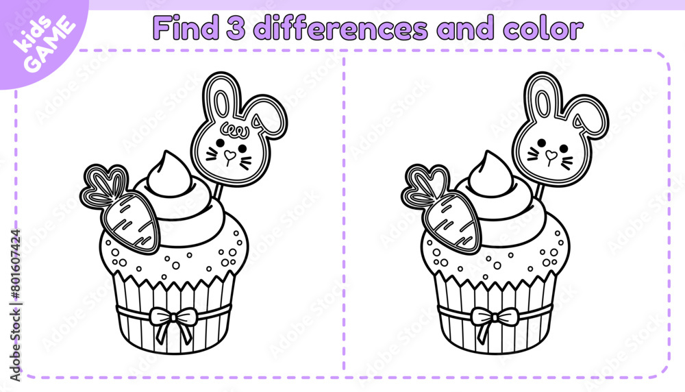 Easter kids game Find 3 differences with cartoon Easter muffin with ...