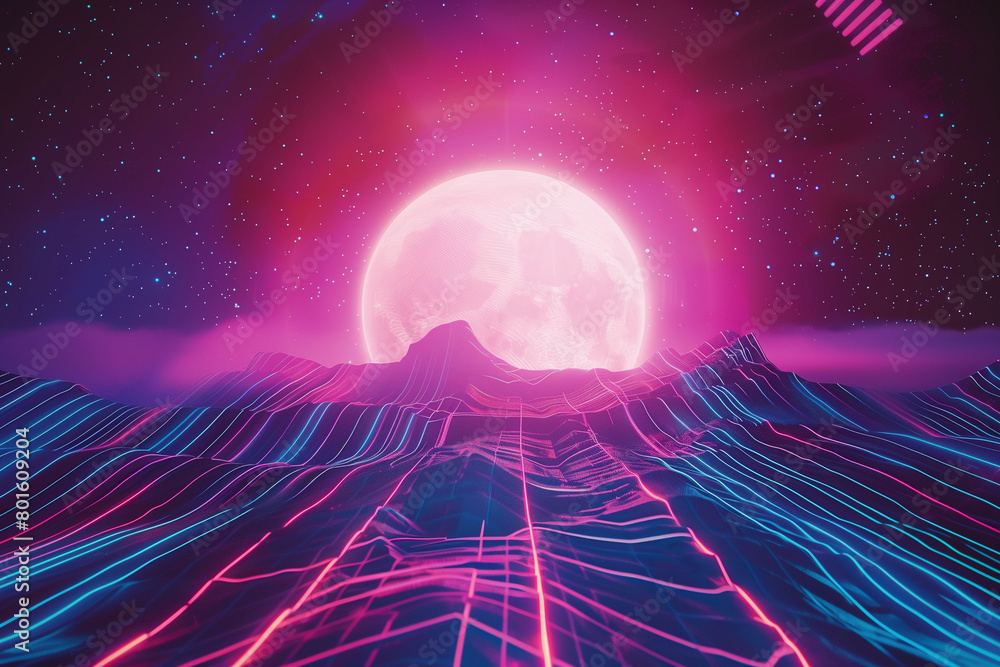 Neon futuristic purple sunset, retro synthwave background, 80s vibe ...