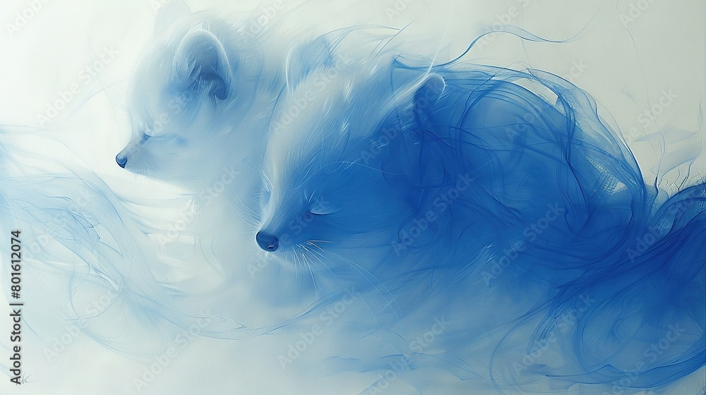 A depiction of a snowy fox adorned with azure plumage on its back and a ...